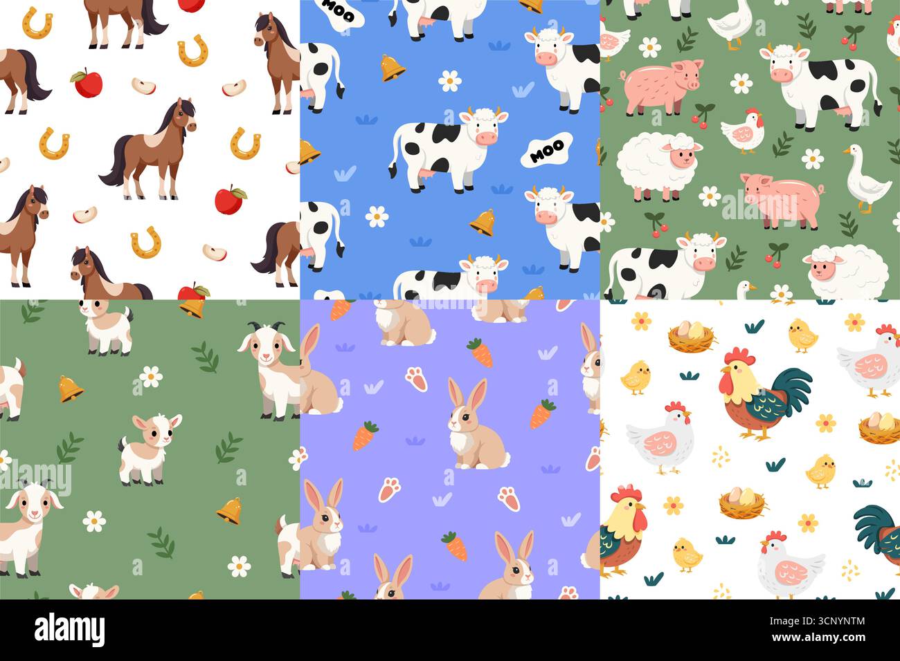 Set of Farm Animals Patterns Cow, Horse, Goat, Chicken Stock Vector ...