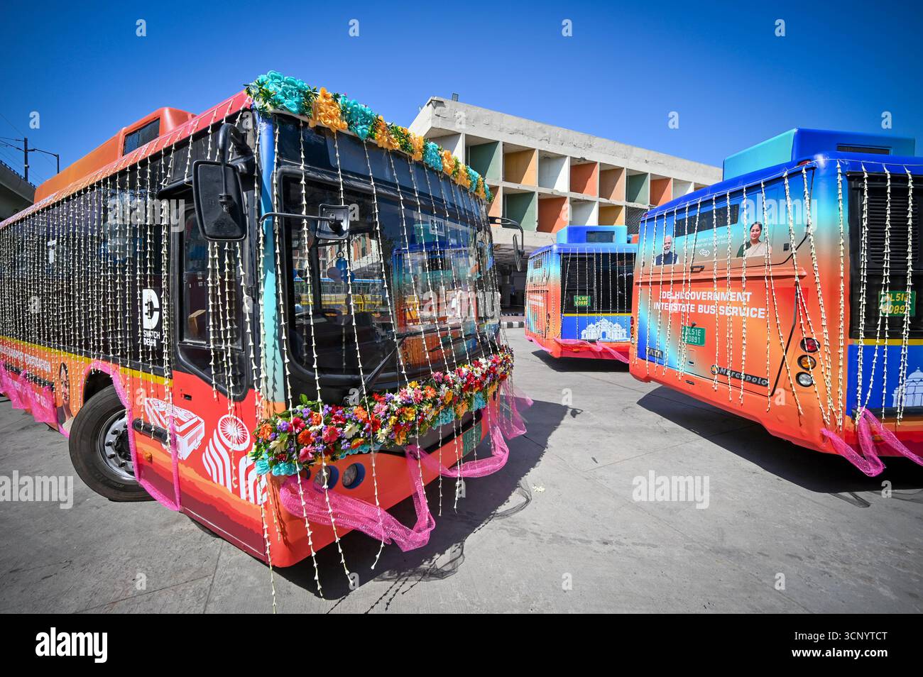 NEW DELHI, INDIA - SEPTEMBER 23: Decorated DTC AC buses during ...