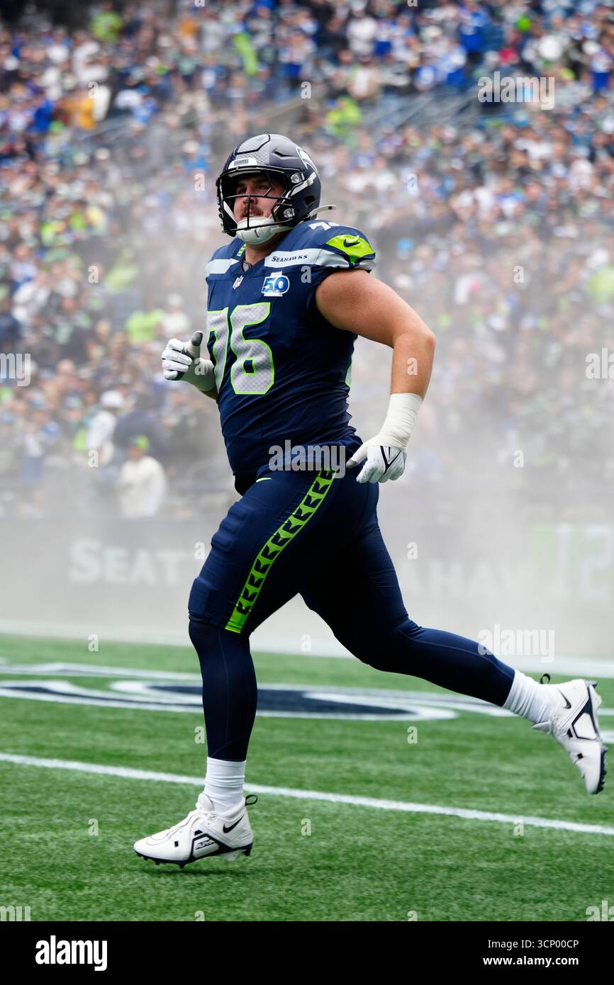 Seattle Seahawks guard Grey Zabel (76) runs out onto the field before ...