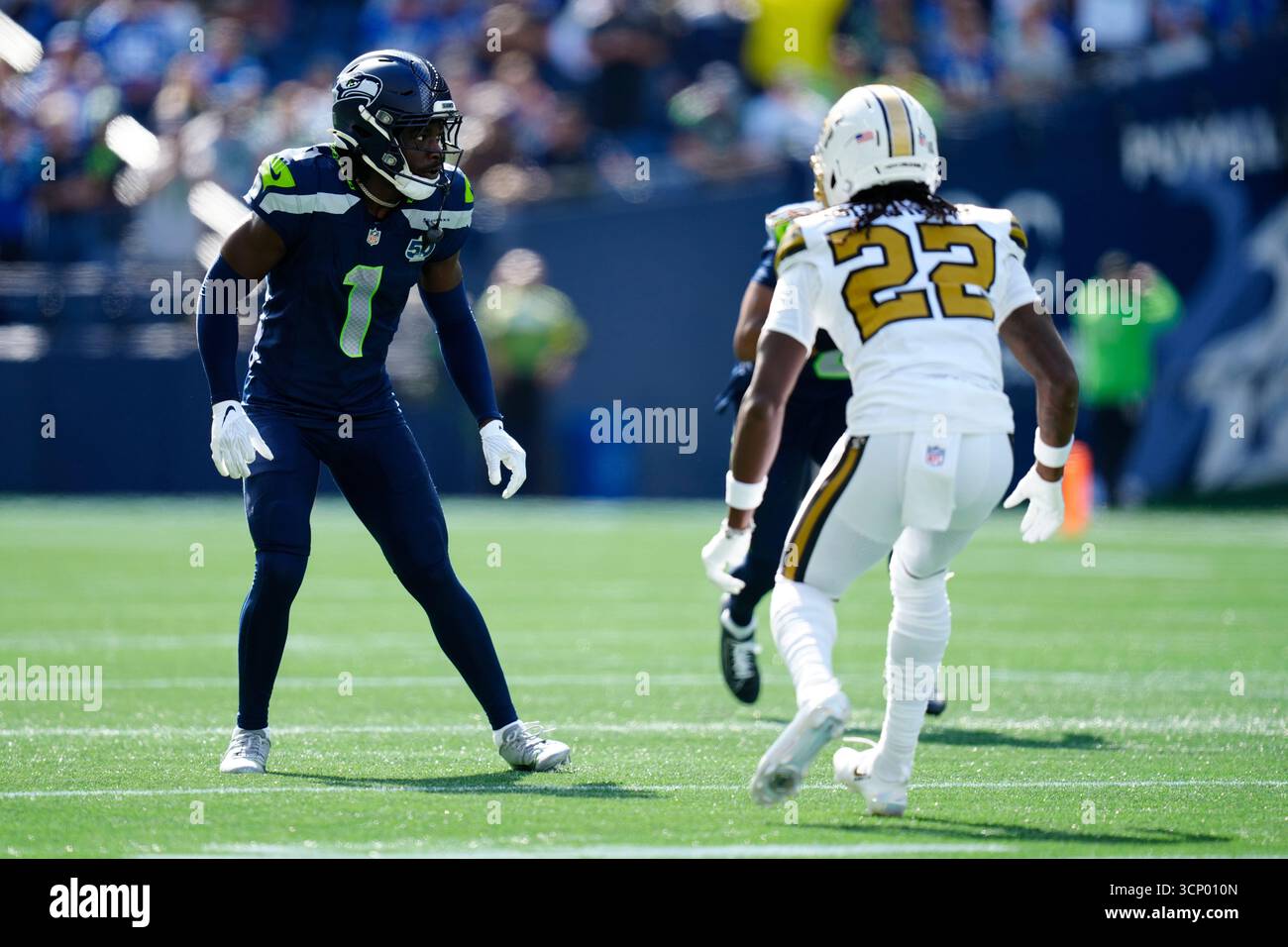 Seattle Seahawks cornerback Derion Kendrick (1) gets set during an NFL ...