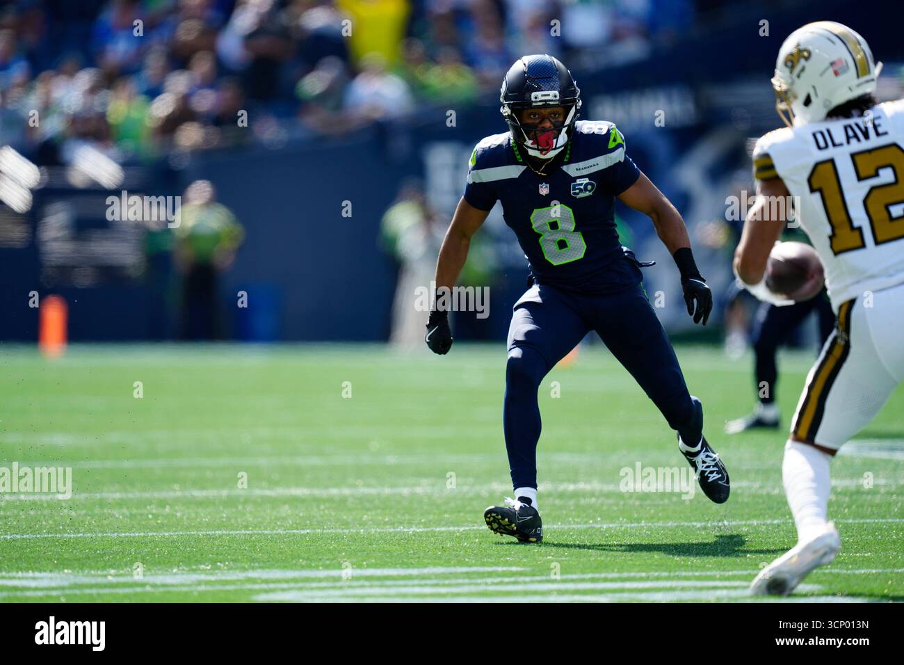 Seattle Seahawks safety Coby Bryant (8) gets set during an NFL football ...