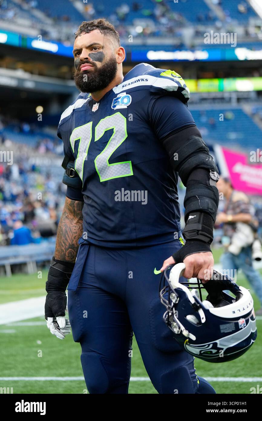 Seattle Seahawks offensive tackle Abraham Lucas (72) walks off the ...