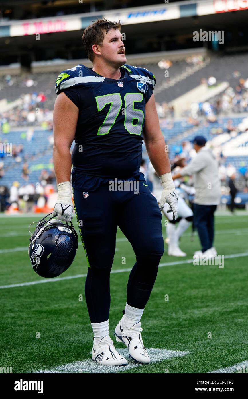 Seattle Seahawks guard Grey Zabel (76) walks off the field after an NFL ...