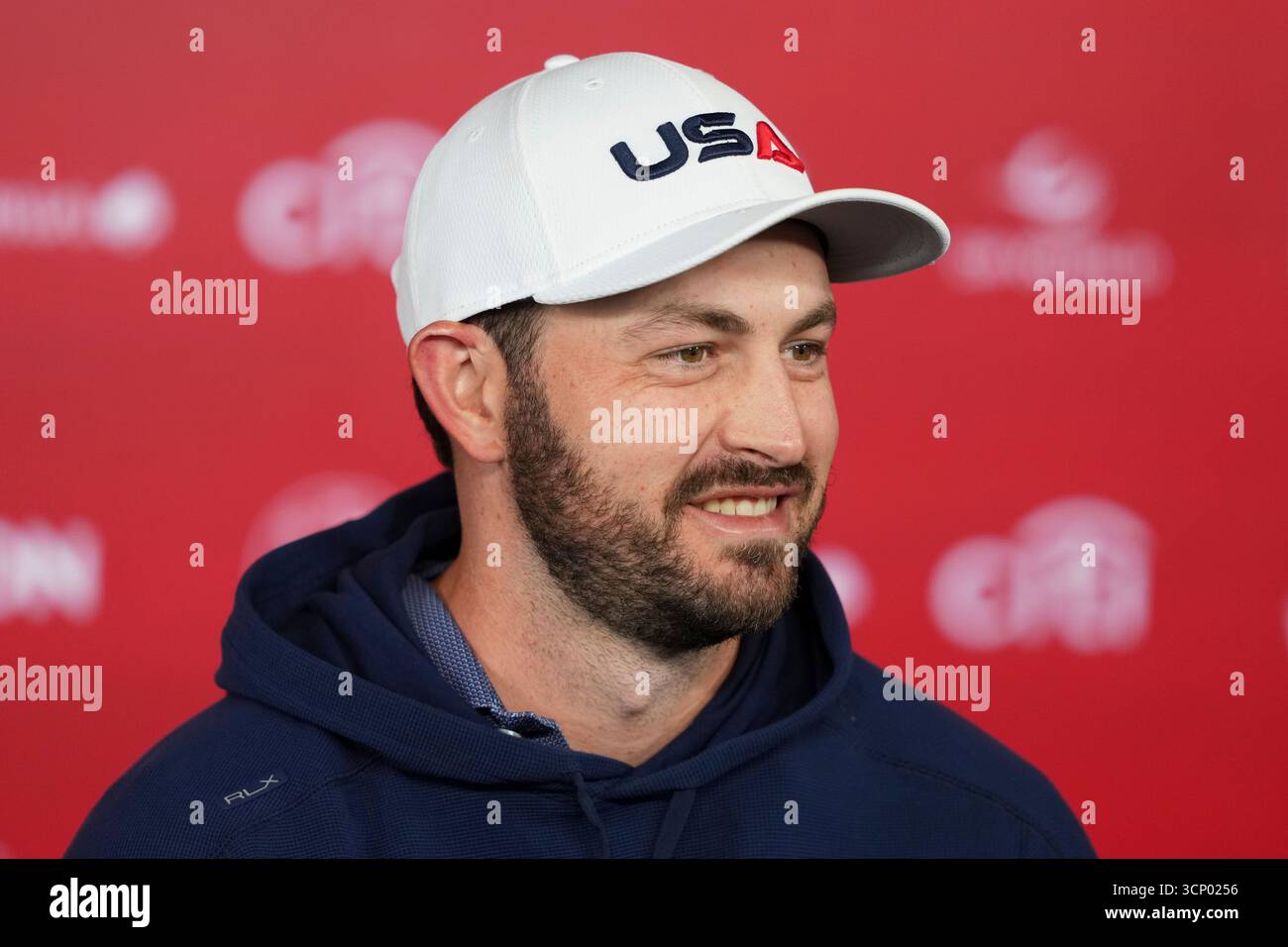 United States' Patrick Cantlay speaks during a news conference before a ...