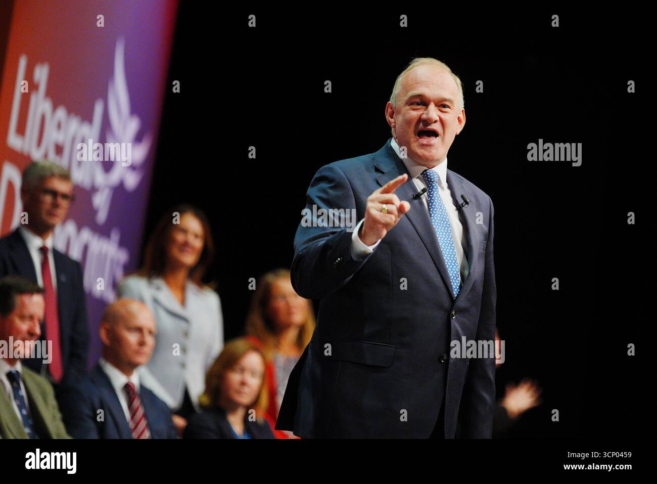 Liberal Democrat leader Sir Ed Davey delivers his speech during the ...