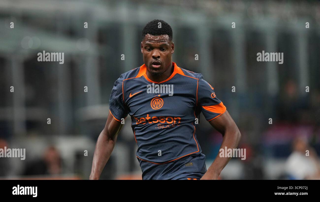 Inter Milan's Denzel Dumfries runs during the Serie A soccer match ...