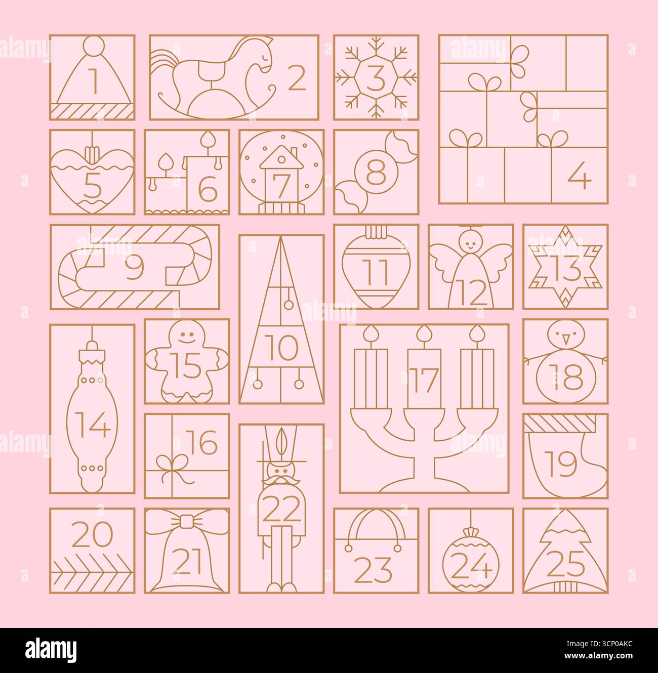 Retro Christmas advent calendar grid with boxes. Thin gold linear pink ...