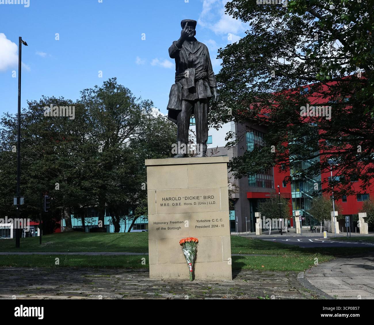 Flowers are laid at The Harold 'Dickie' Bird MBE, OBE statue after his ...