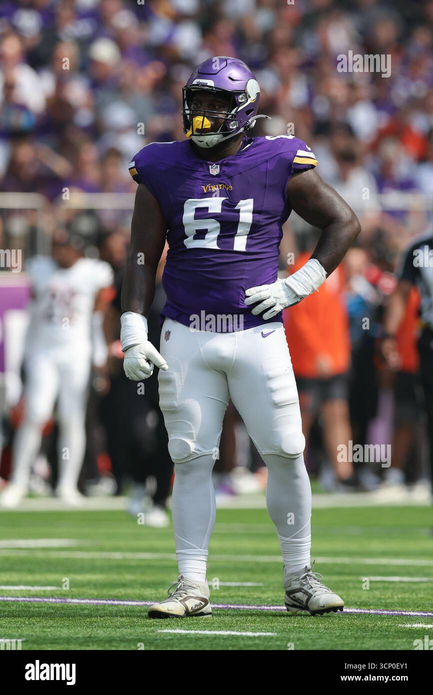 Minnesota Vikings defensive lineman Jalen Redmond (61) lines up for a ...