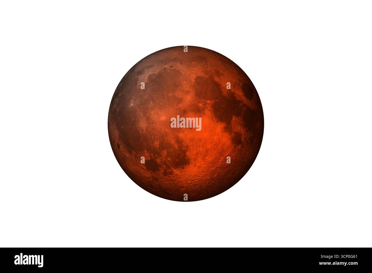 Blood moon during a total lunar eclipse on white background, cut out ...