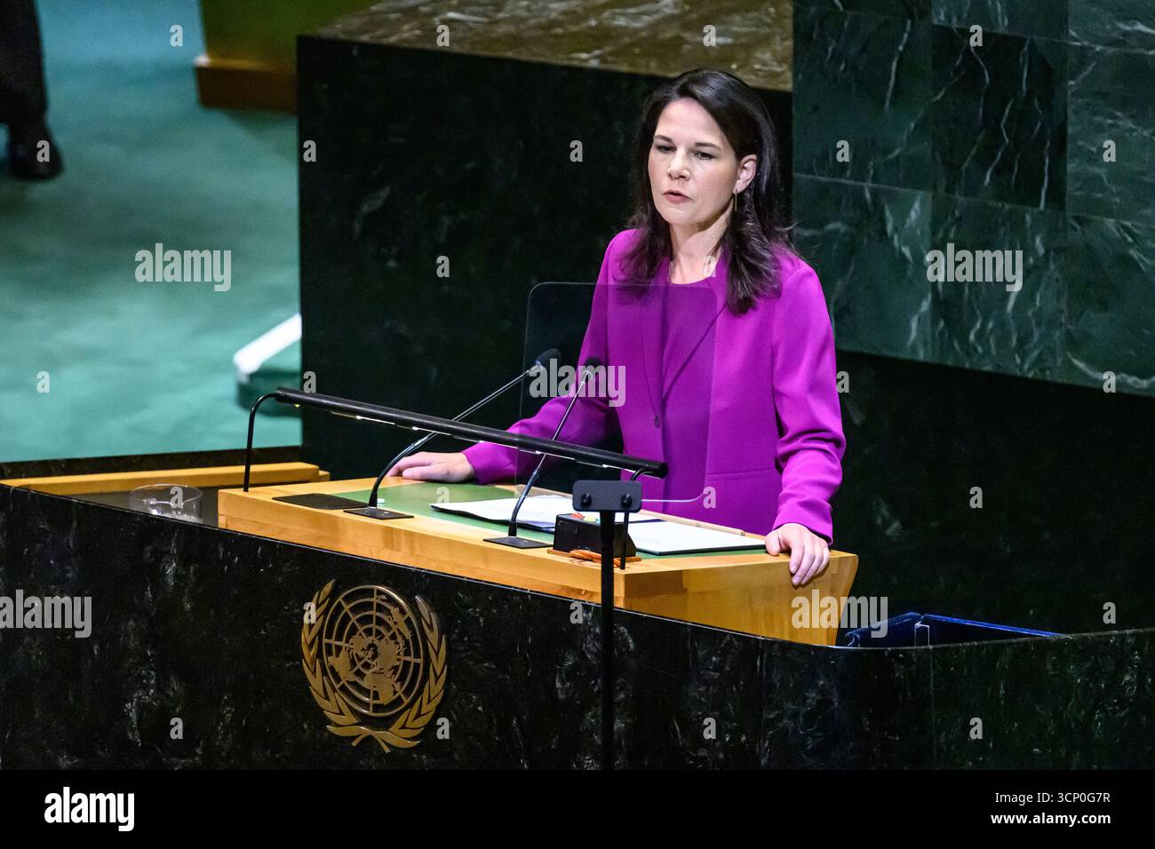 New York, 23rd Sep 2025. UN General Assembly president Annalena Baerbock addresses the opening ...