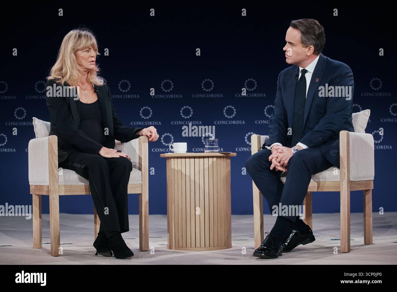 Goldie Hawn from The Goldie Hawn Foundation, left, looks at Matthew ...