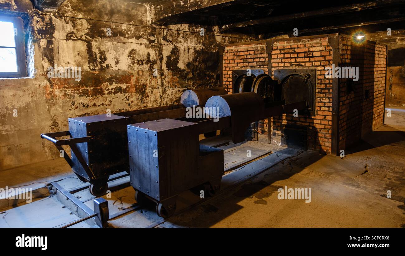 Crematorium complex inside Auschwitz Birkenau, Poland, reflecting stark ...