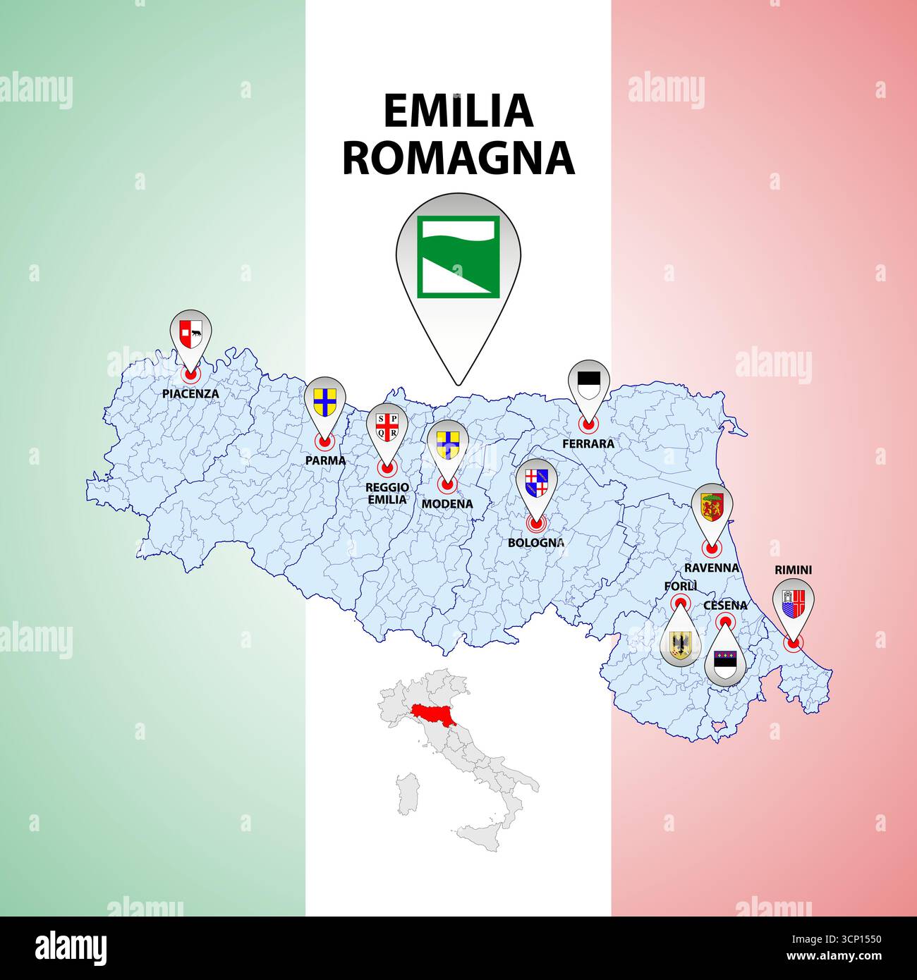 Emilia Romagna, Italy, regional map and symbols of the region and ...