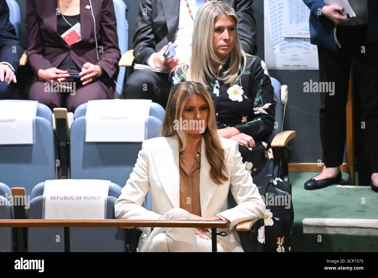 First Lady Melania Trump listen to US President Donald Trump deliver ...