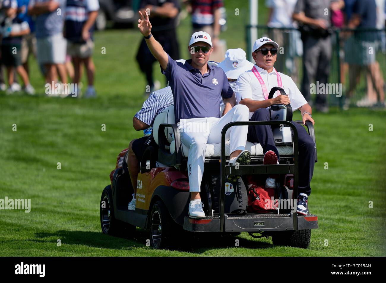 United States' Ben Griffin waves after a practice round for the Ryder ...