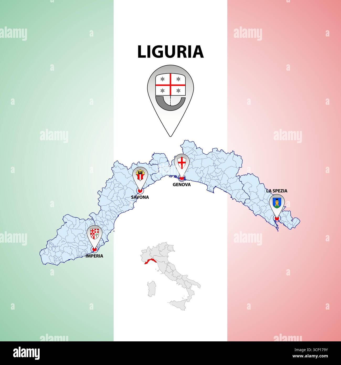 Liguria, Italy, regional map and symbols of the region and cities ...