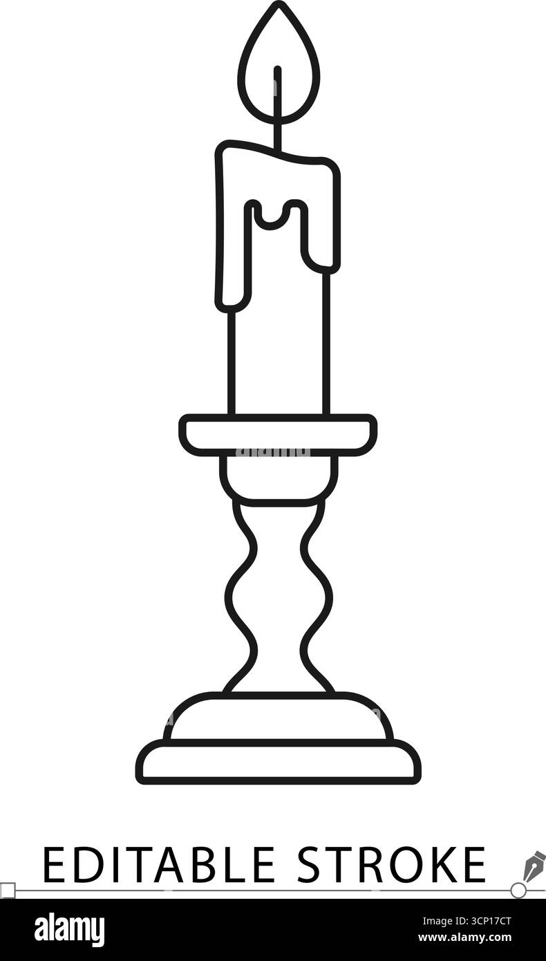 A candle in a candlestick icon in a minimalist line style with editable ...