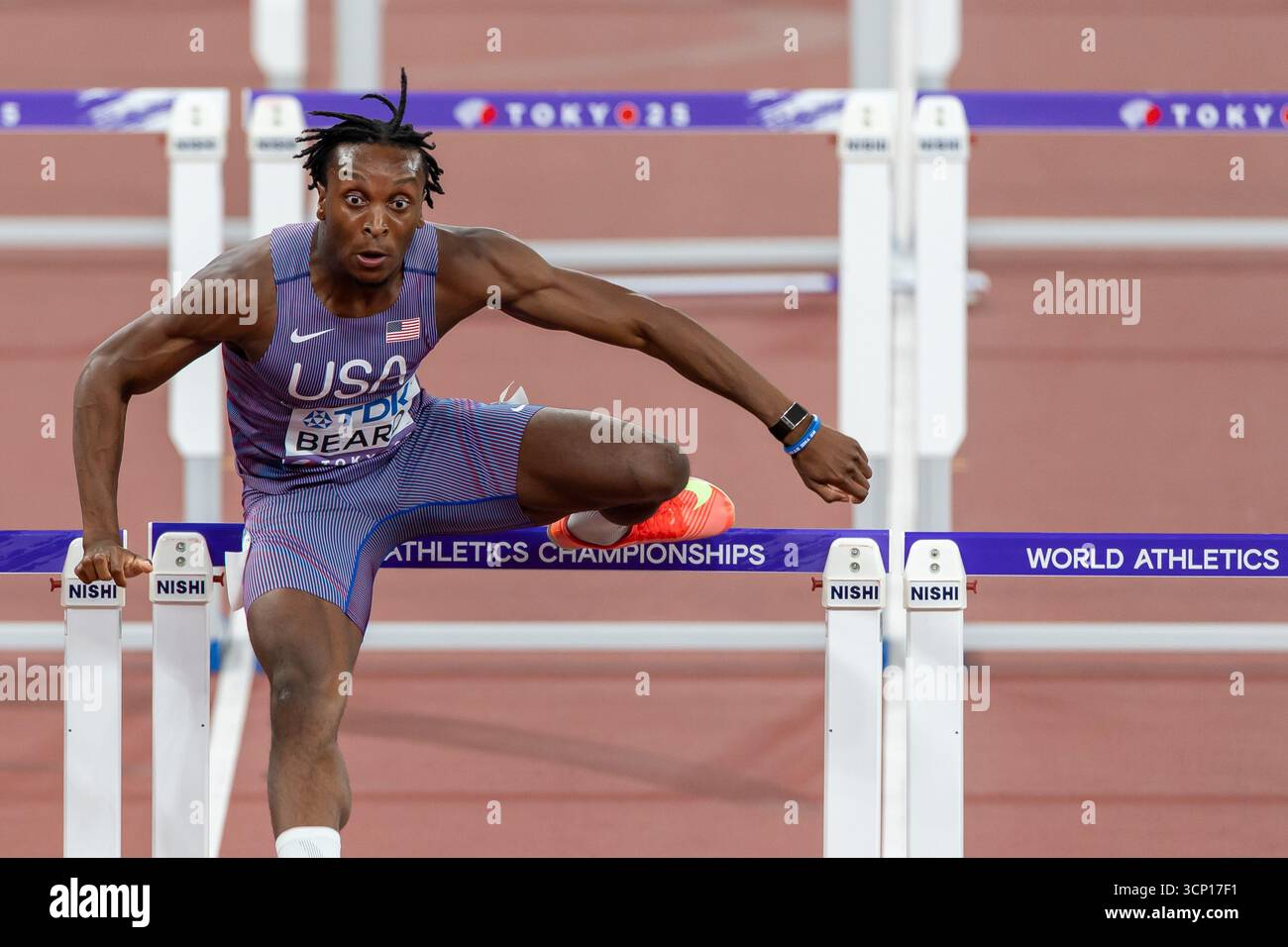 Dylan Beard (USA) runs a 110 meter hurdle semi-final in a time of 13.31 ...
