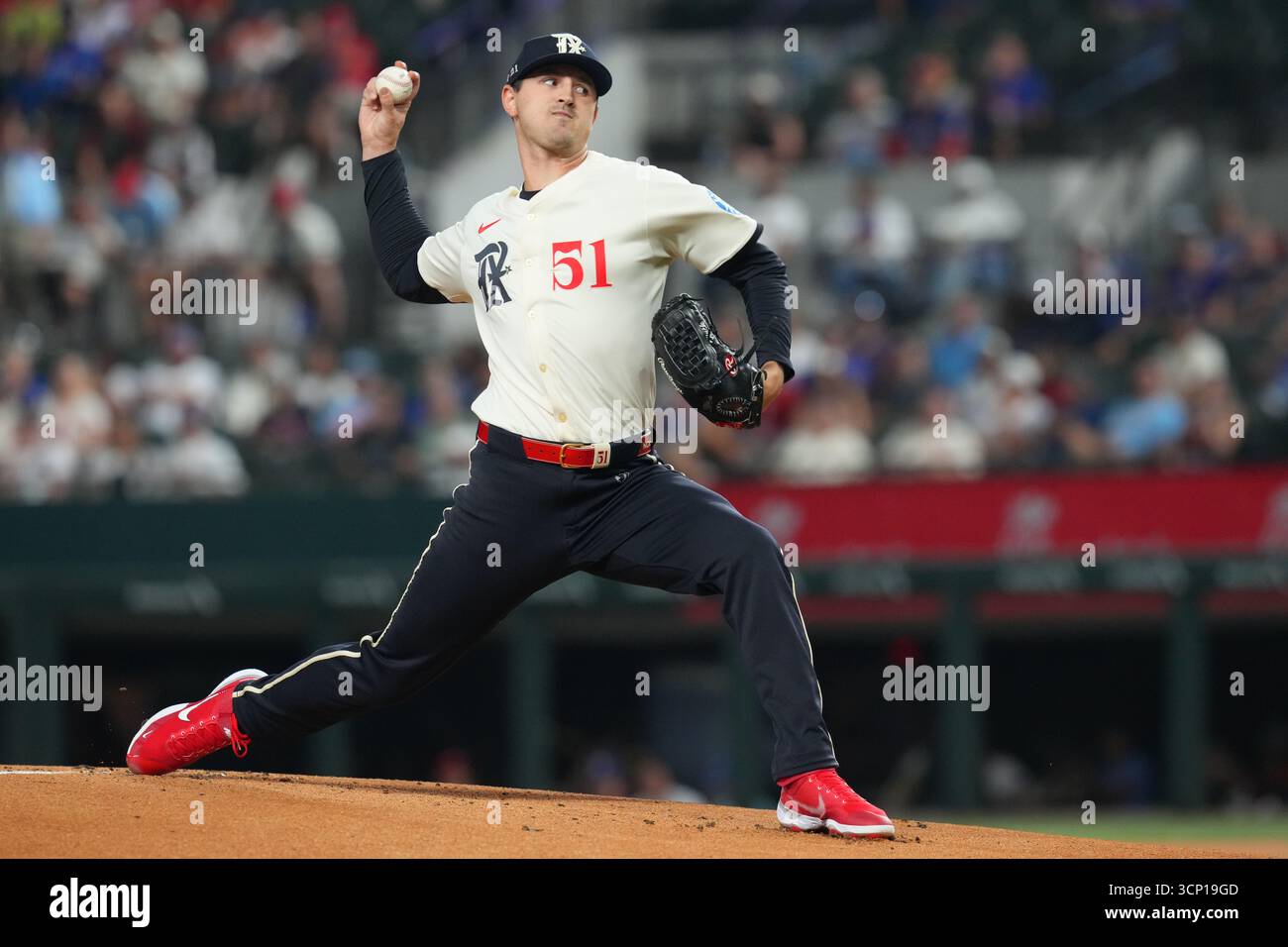 Texas Rangers starting pitcher Tyler Mahle throws to the Miami Marlins ...