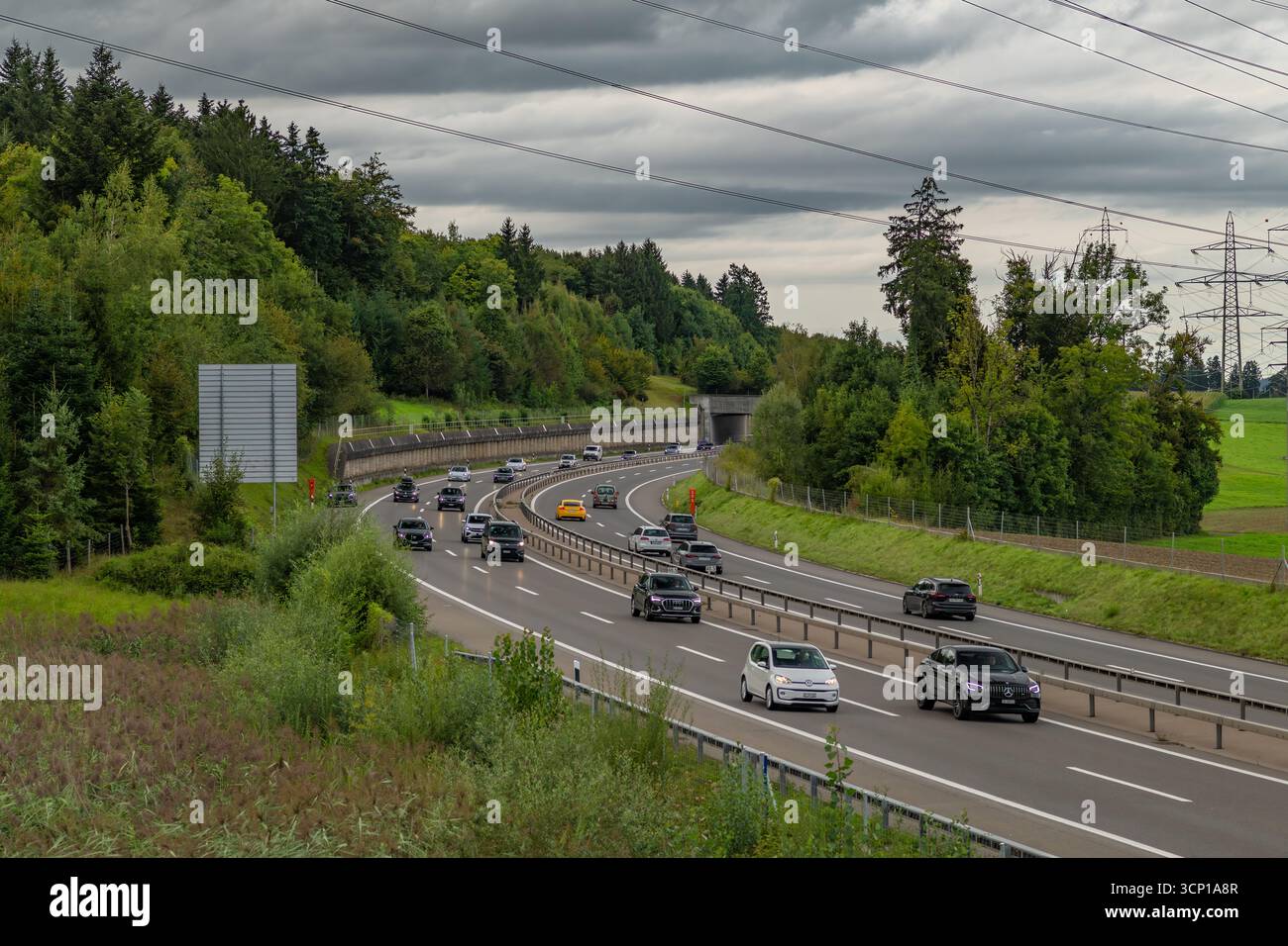 Highway with cars stop shops buildings in Affoltern am Albis ...