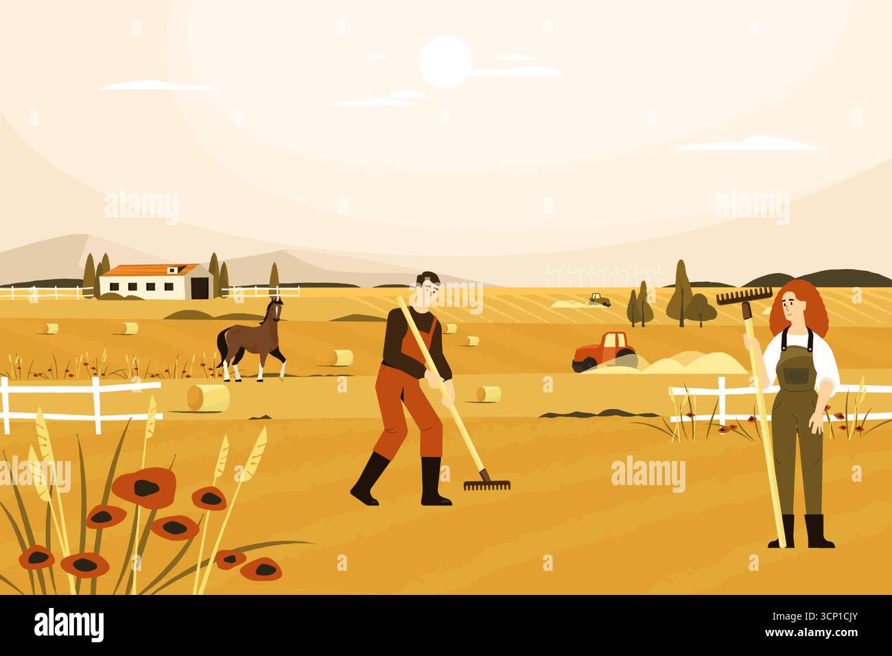 Agricultural workers are working on a farm landscape with a tractor ...