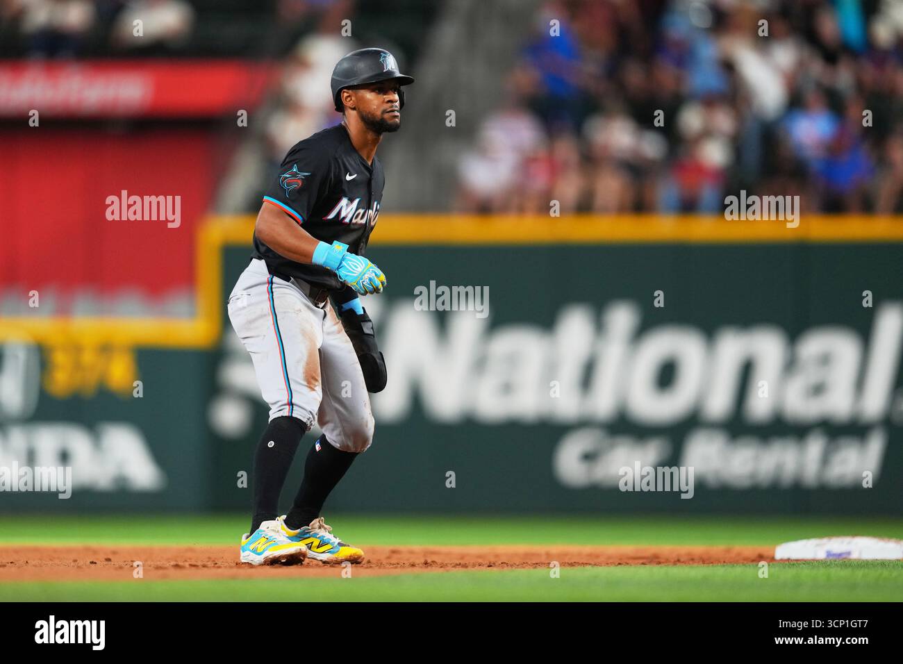Miami Marlins' Otto Lopez leads off second base against the Texas ...