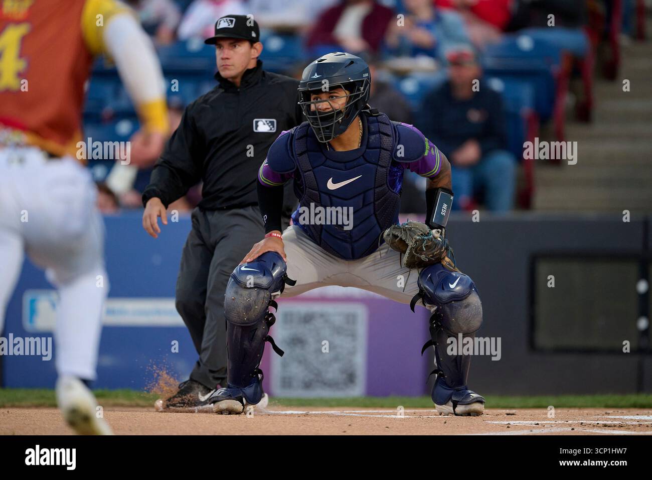 Somerset Patriots catcher Manuel Palencia (18) waits for a throw as a ...