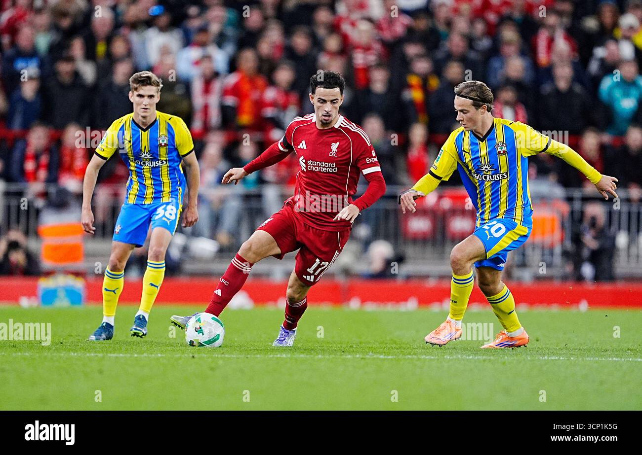 Liverpool's Curtis Jones (centre) and Southampton's Caspar Jander ...