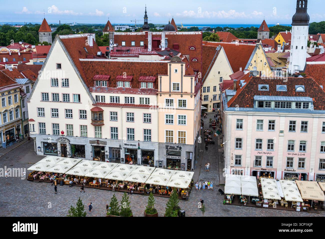 Aerial view of buildings and restaurants on Raekoja Plats (Town Hall ...
