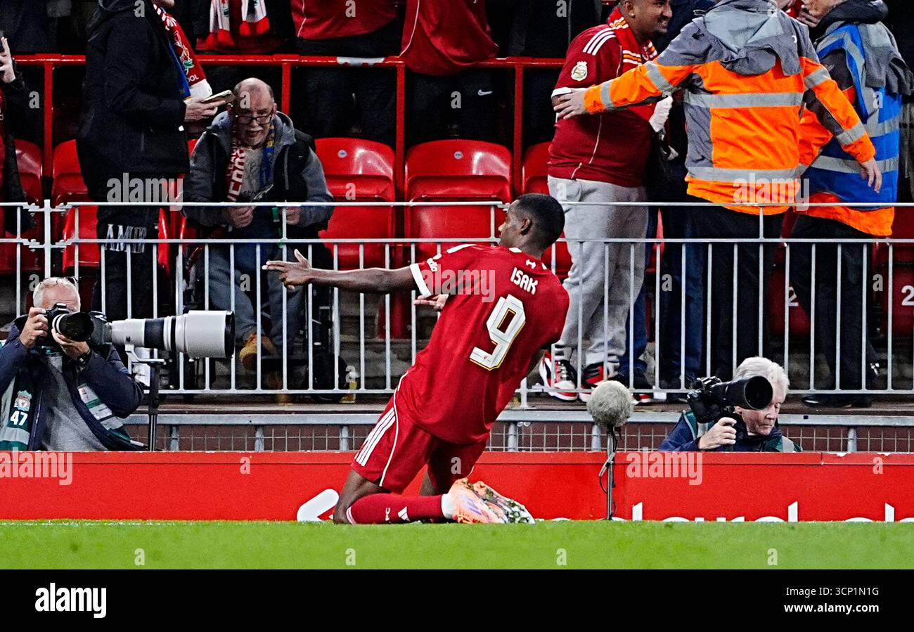 Liverpool's Alexander Isak celebrates scoring their side's first goal ...