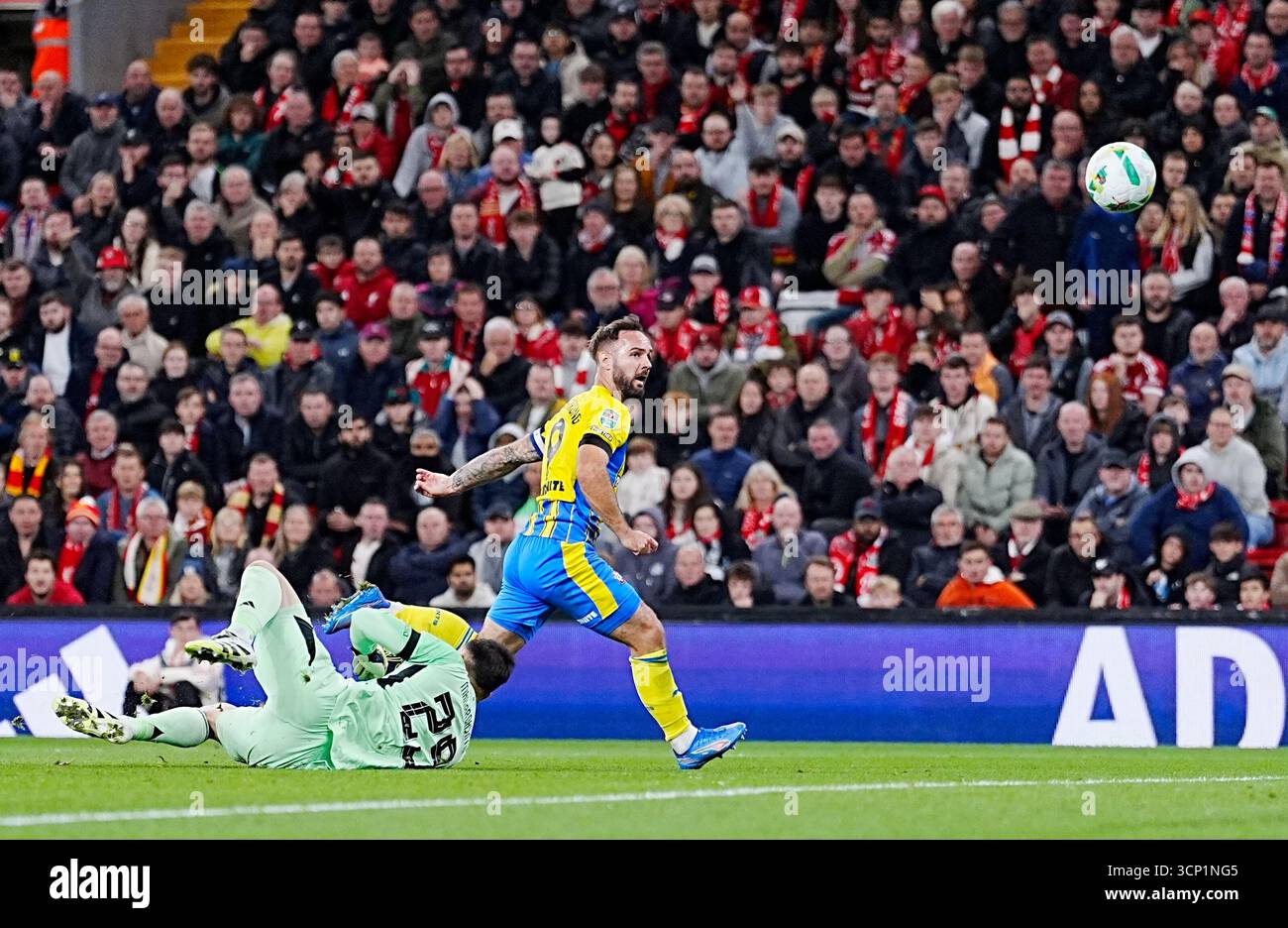 Southampton's Adam Armstrong hits the crossbar during the Carabao Cup ...