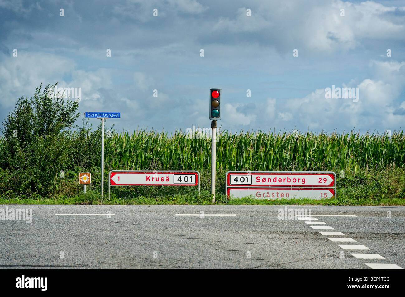 A red traffic light halts cars beside a cornfield, arrows on guide ...