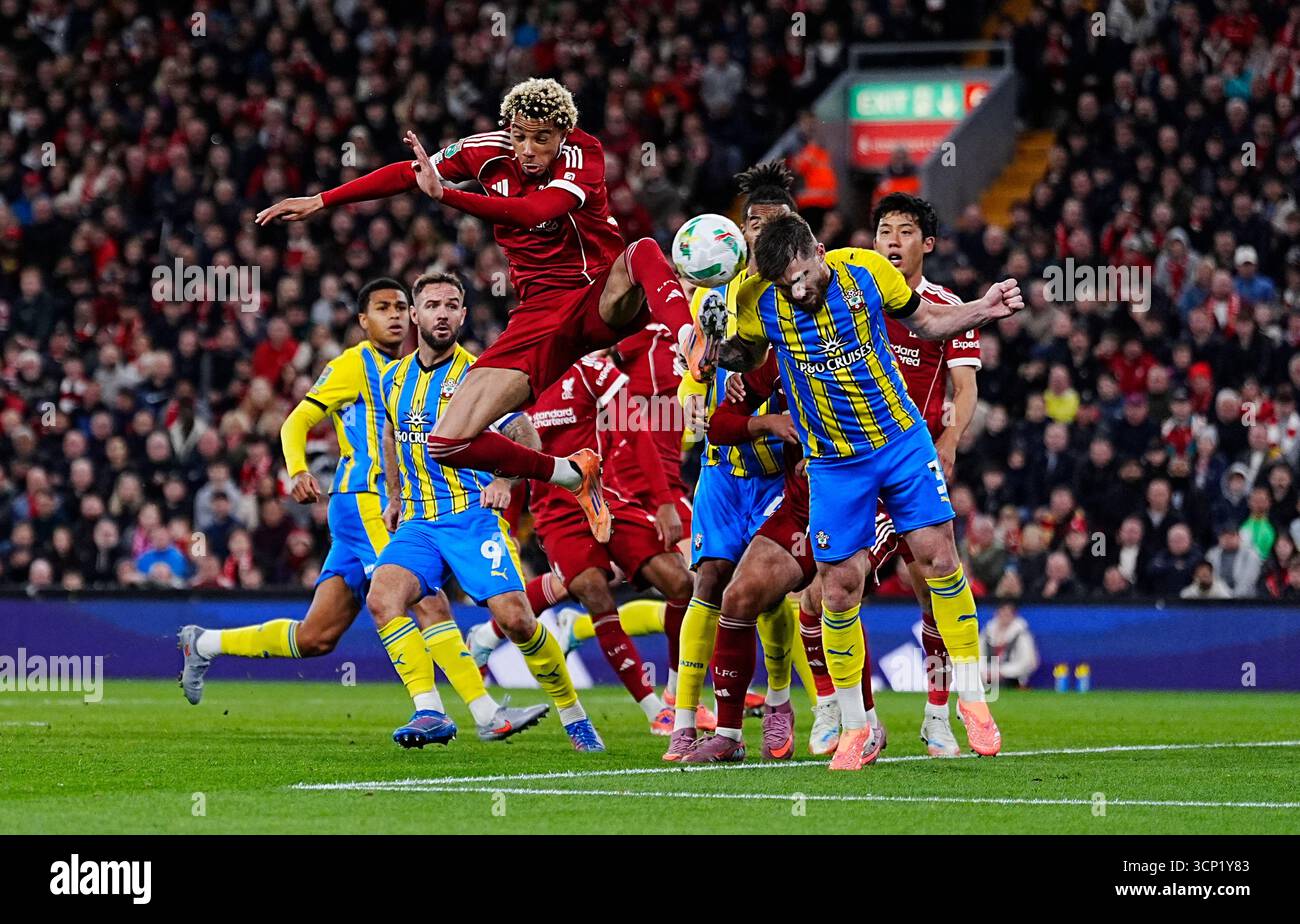Liverpool's Hugo Ekitike and Southampton's Ryan Manning attack the ball ...
