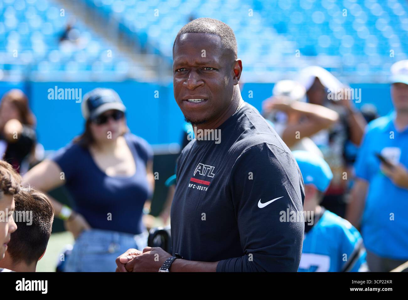 Atlanta Falcons head coach Raheem Morris chats with fans prior to an ...