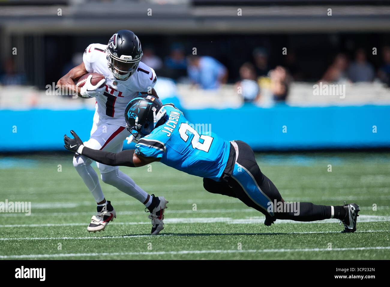 Atlanta Falcons wide receiver Darnell Mooney (1) is tackled by Carolina ...