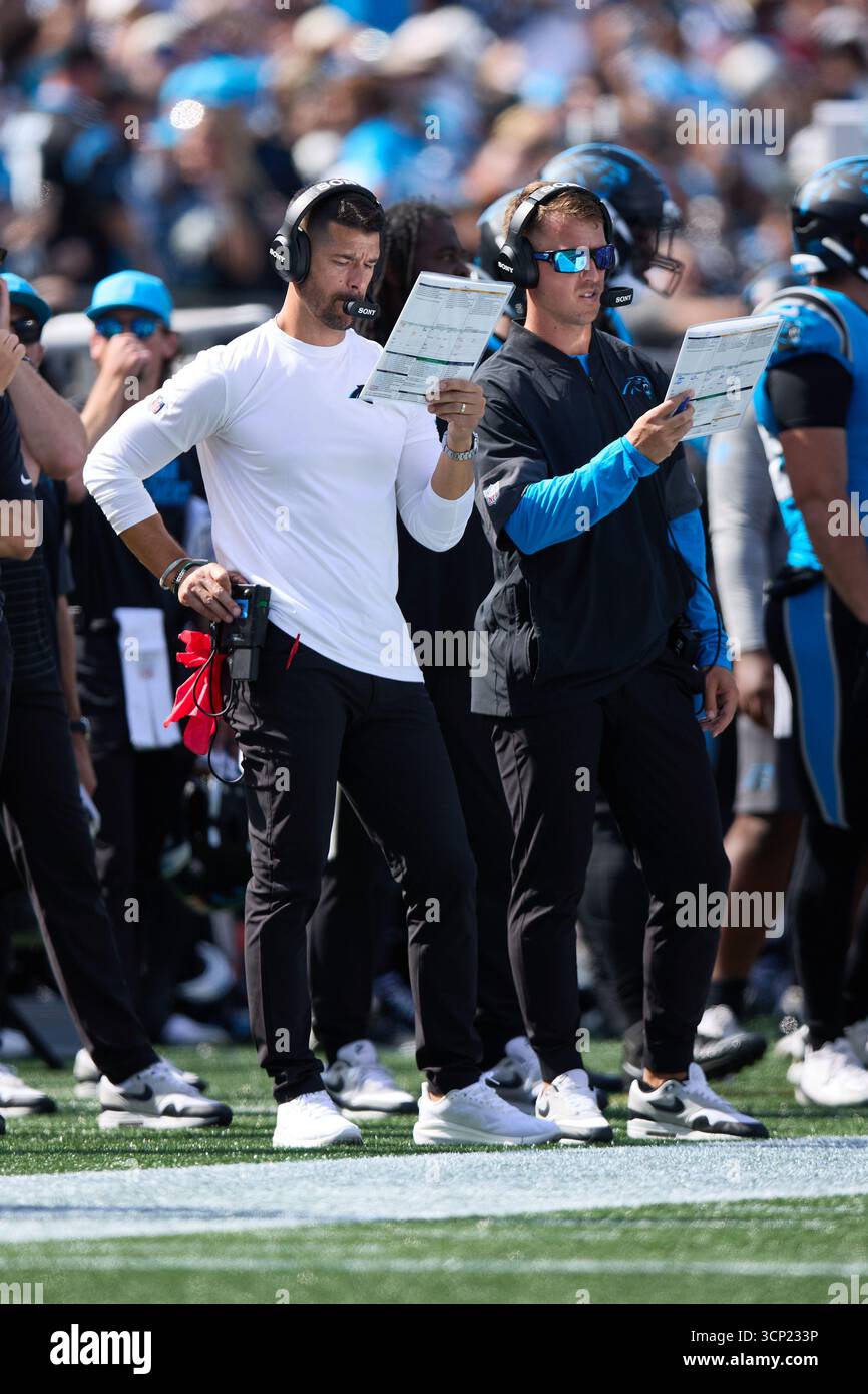 Carolina Panthers head coach Dave Canales (left) and offensive coordinator Brad Idzik (right ...