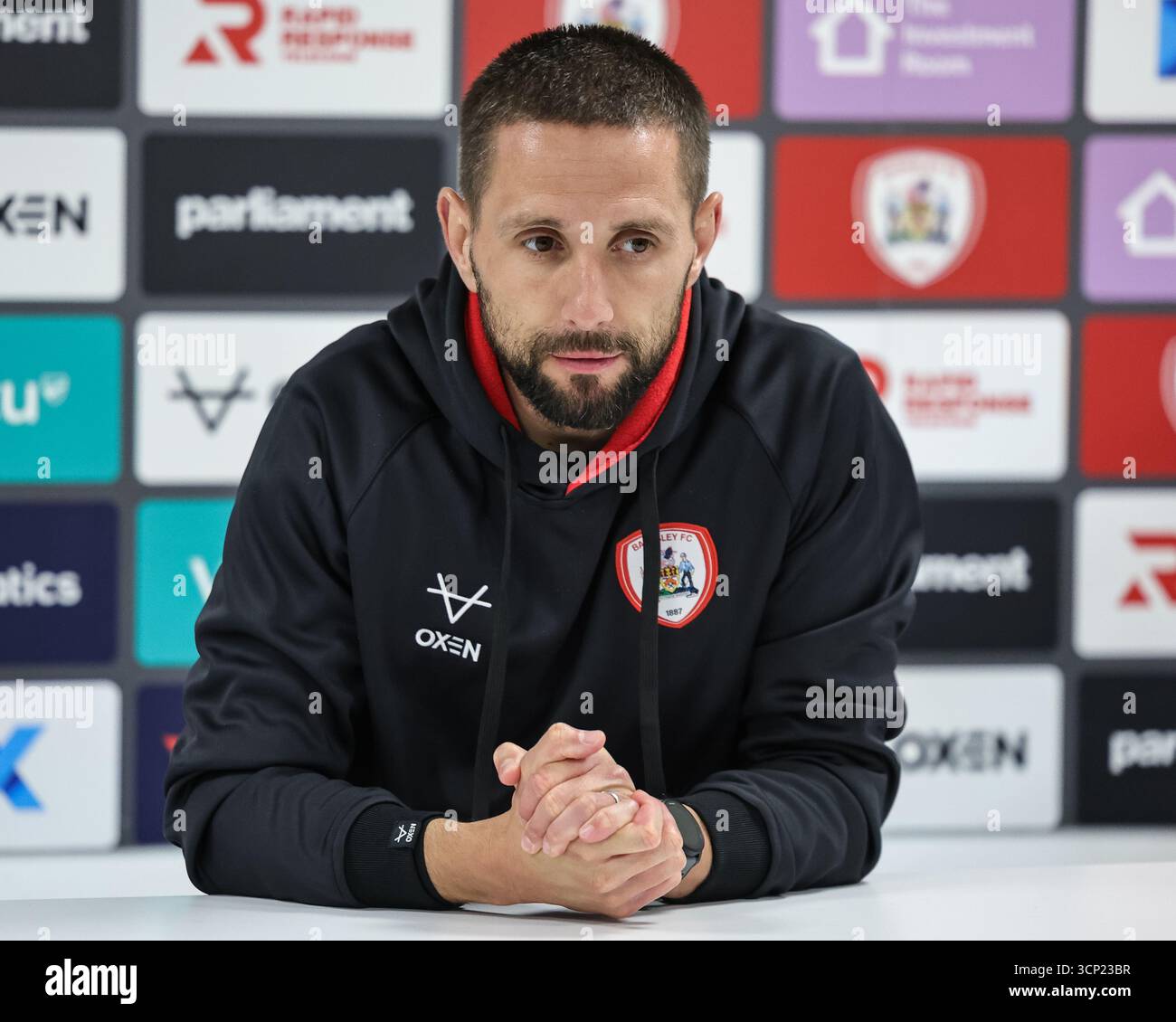 Conor Hourihane manager of Barnsley speaks in the post match press ...