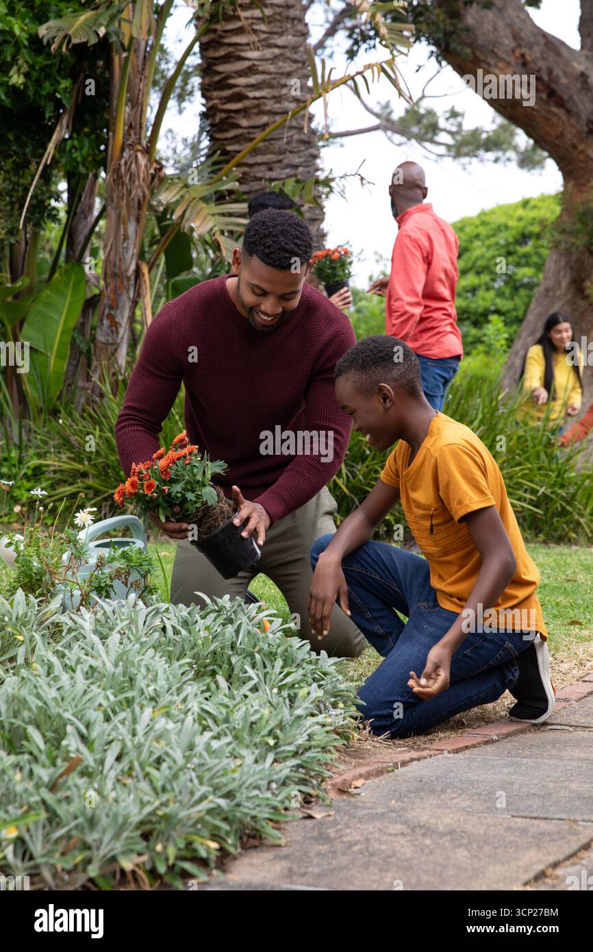 African american father and son kneeling planting potted flowers in ...
