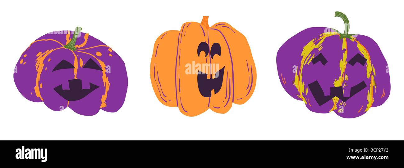 Three Pumpkin heads set. Cute and scary Halloween pumpkin monster set ...