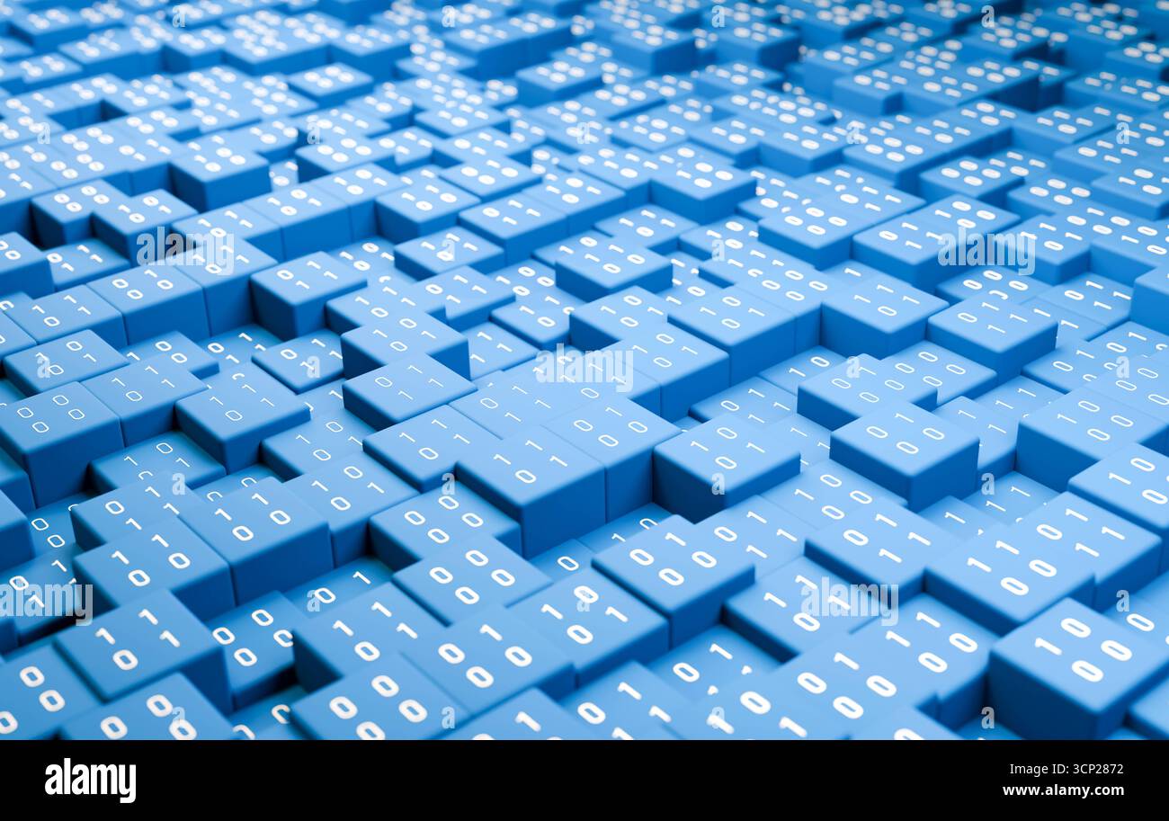 Abstract blue cubes with binary code, technology, big data, blockchain ...