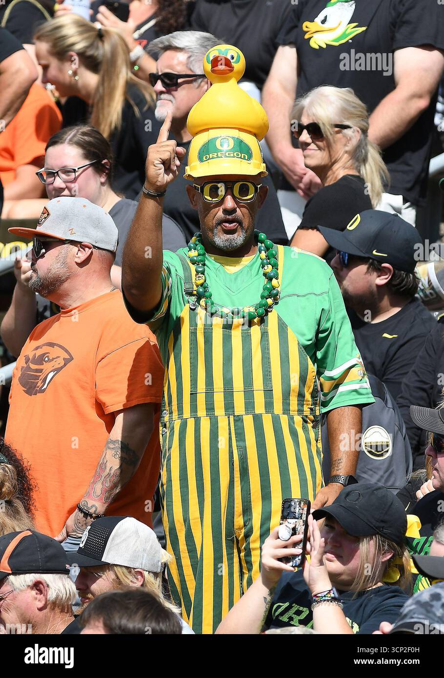 EUGENE, OR - SEPTEMBER 20: An Oregon Ducks fan shows his support in the ...