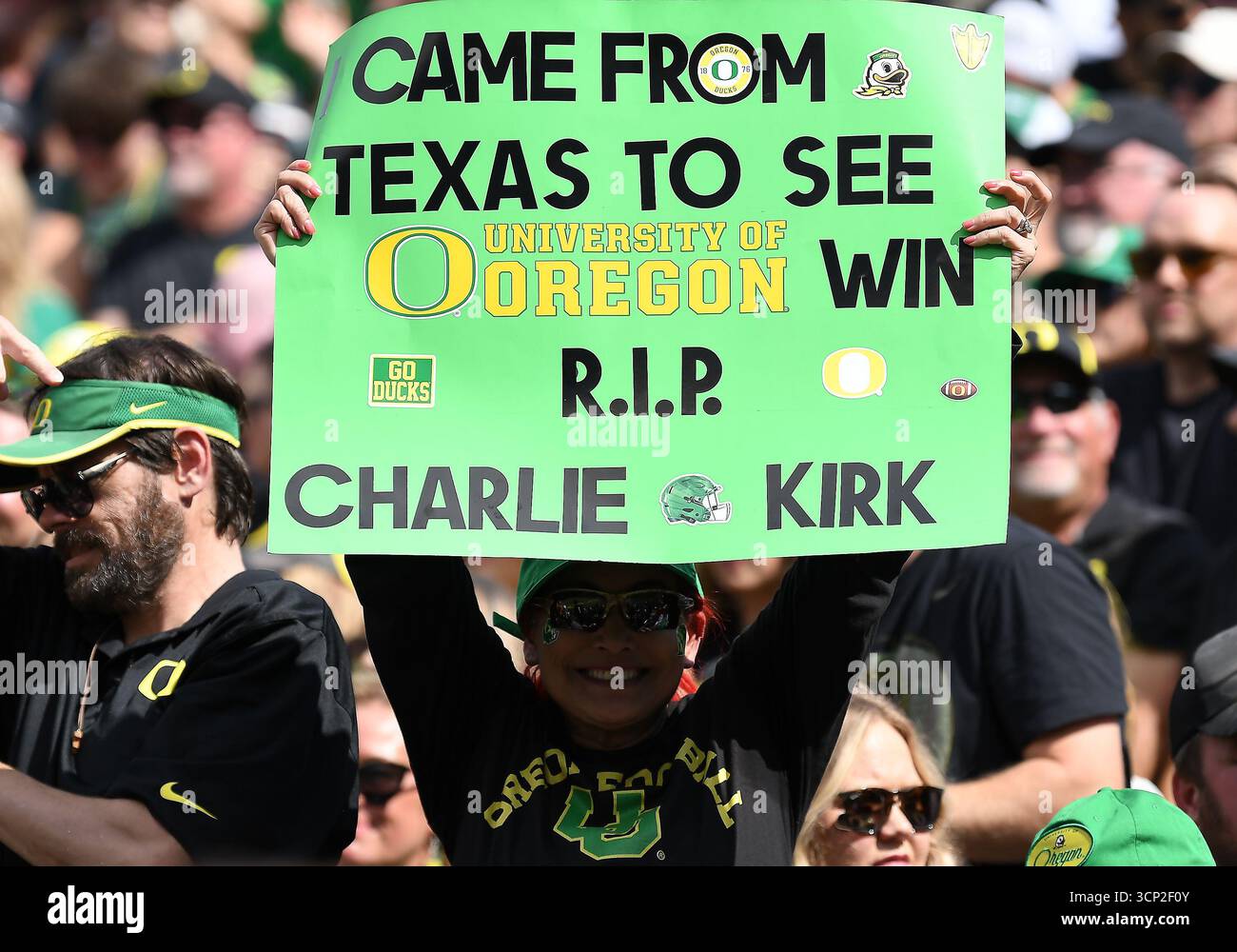 EUGENE, OR - SEPTEMBER 20: A fan displays a sign in memory of slain ...