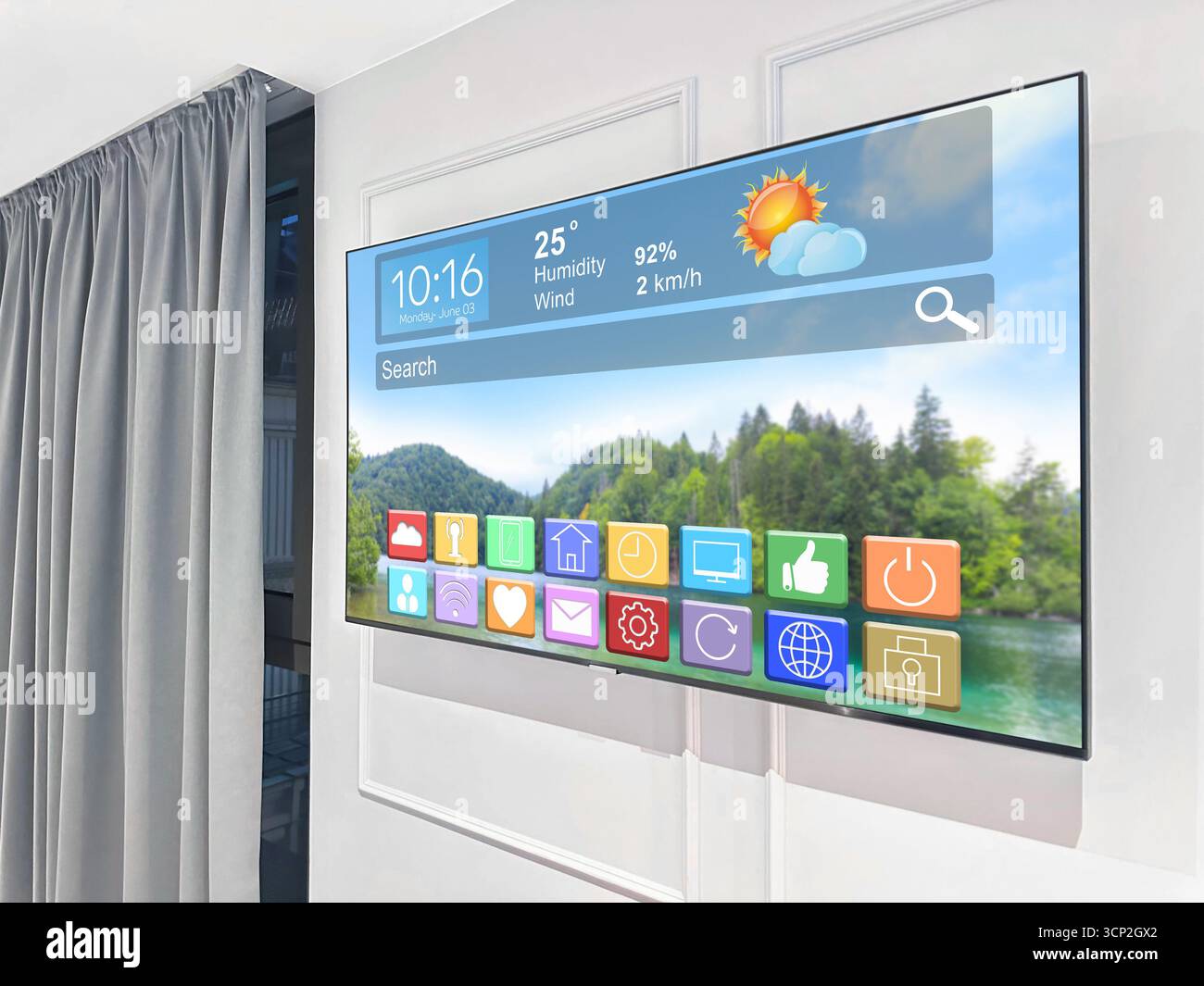 TV set on wall in room. Menu with icons and information on display ...