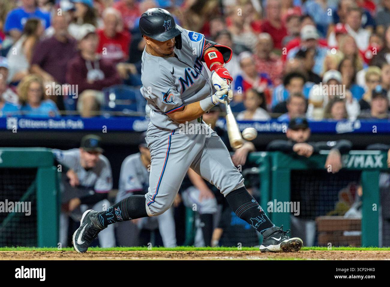 Miami Marlins' Dane Myers hits a double in the fourth inning of a ...