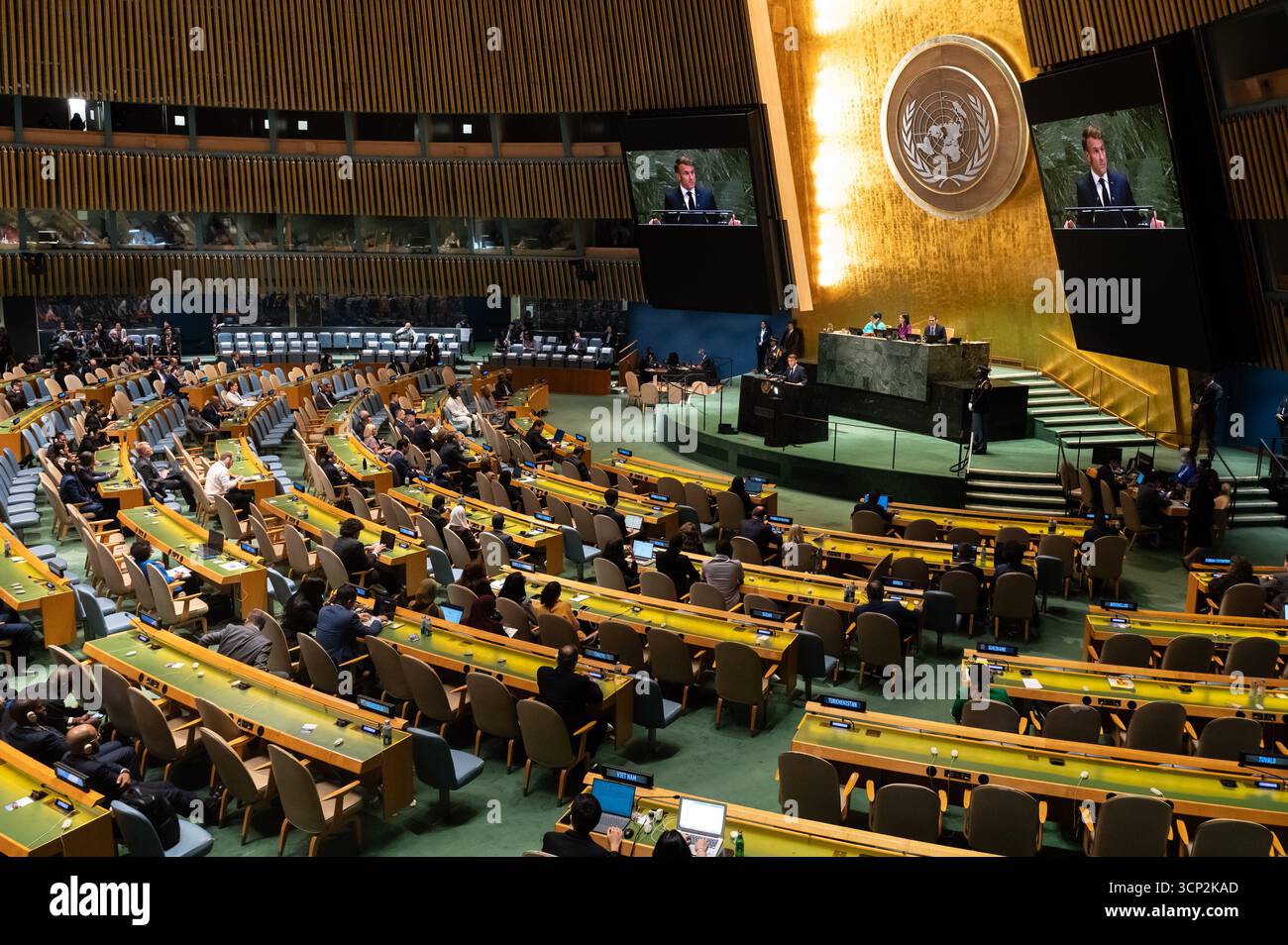 NEW YORK, NY – SEPTEMBER 23: French President Emmanuel Macron speaking ...