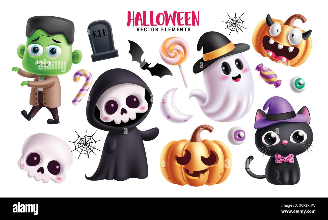Halloween cute characters clipart set. Happy Halloween character spooky ...