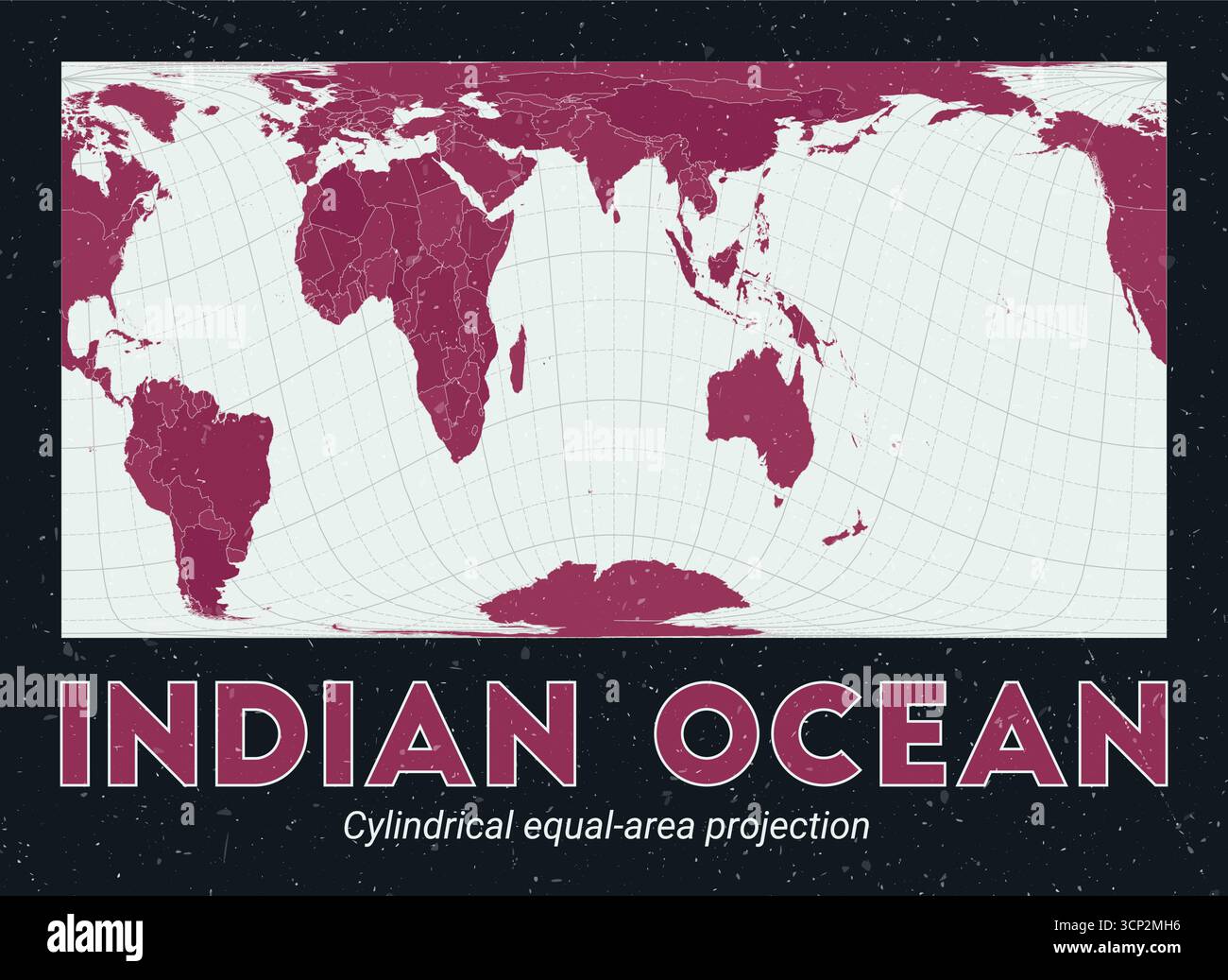 Indian Ocean. World map. Cylindrical equal-area projection centered to Indian Ocean. Pale Mint ...