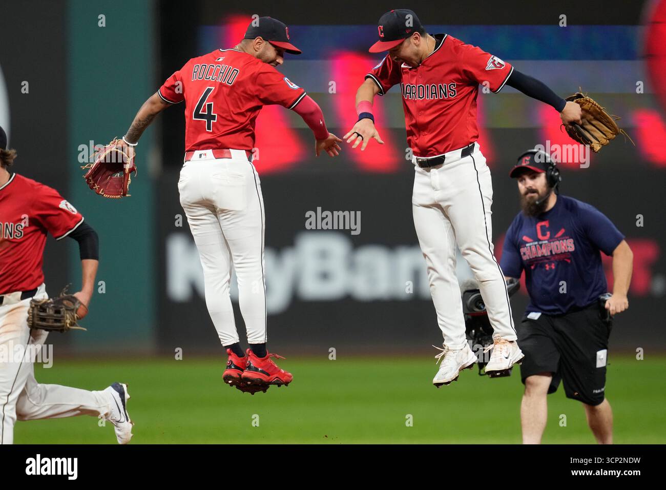 Cleveland Guardians' Brayan Rocchio (4) and left fielder Steven Kwan ...