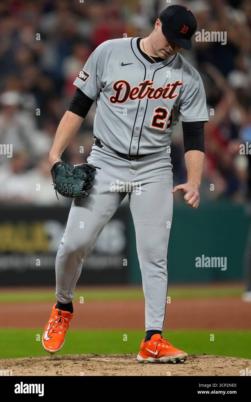 Detroit Tigers starting pitcher Tarik Skubal kicks the pitchers mound ...